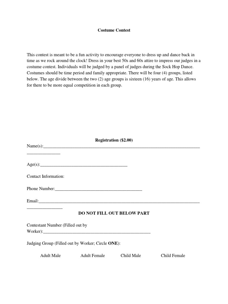 Costume Contest Registration Form | PDF | Sports & Recreation