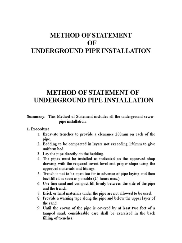 MOS For Underground Pipe Water Installation | PDF