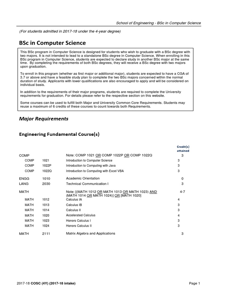 BSC in Computer Science: Major Requirements | Download Free PDF ...