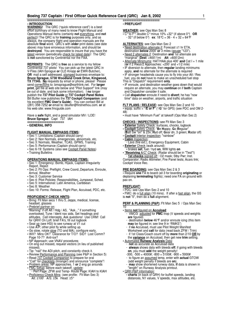 B737 Captain and First Officer Quick Reference Card (QRC) | PDF | Stall ...