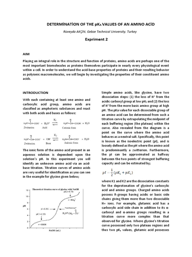 Determination of The Pka Values of An Amino Acid | PDF | Acid Dissociation Constant | Ph