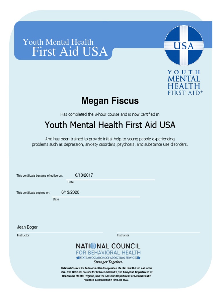 8hr Mhfa Youth Certificate | PDF