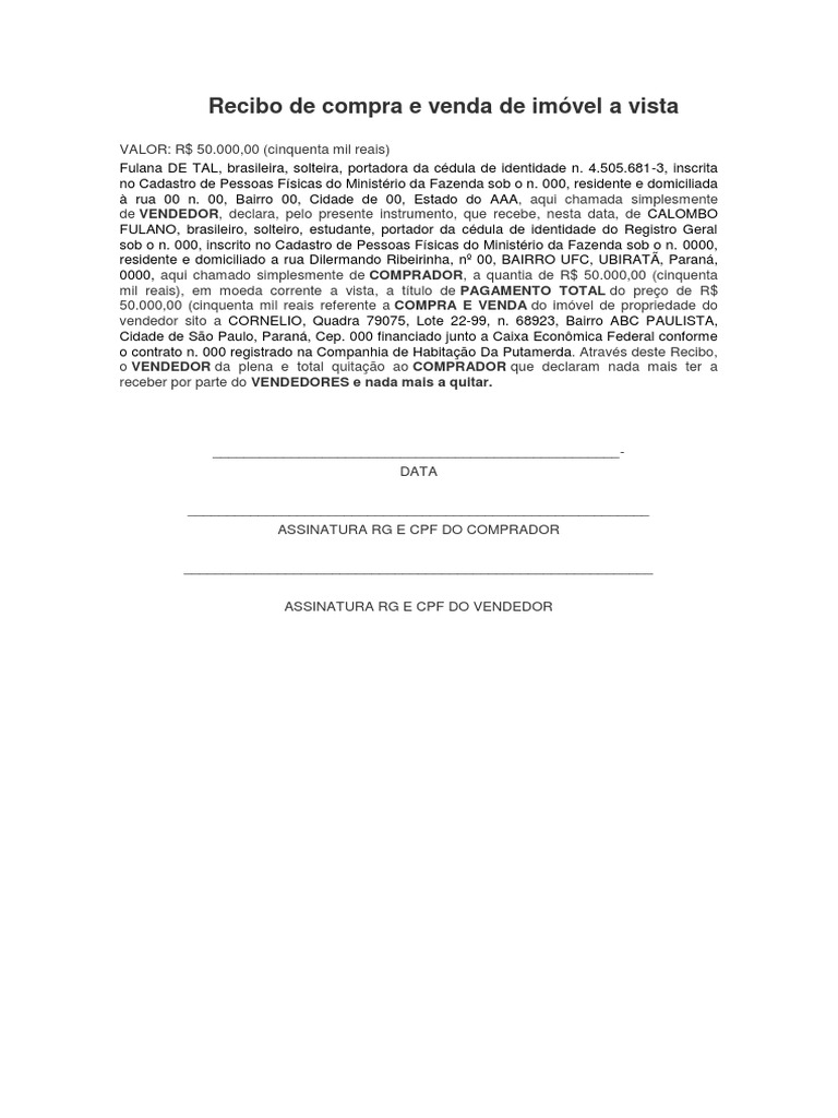 Recibo de Compra e Venda de Imóvel a Vista