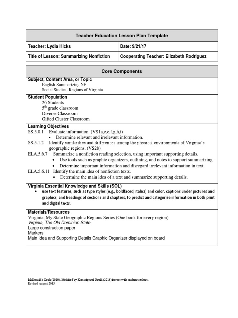 Teacher Education Lesson Plan Template: Virginia, The Old Dominion ...