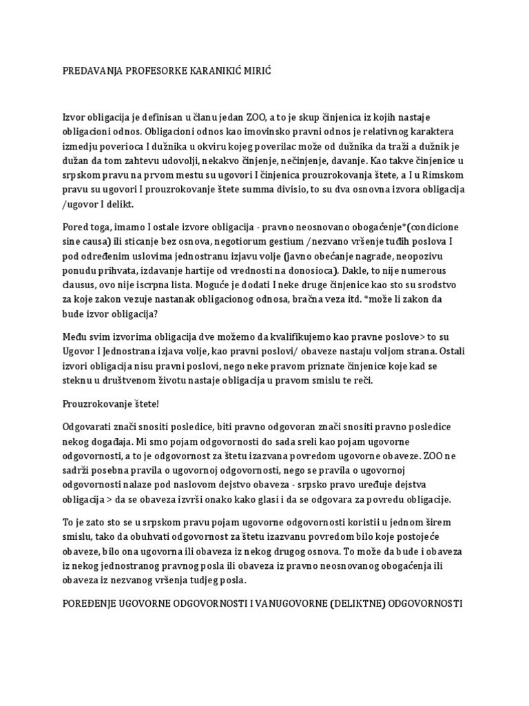 Obligaciono Pravo - Predavanja - Profesorka Marija Karanikic | PDF