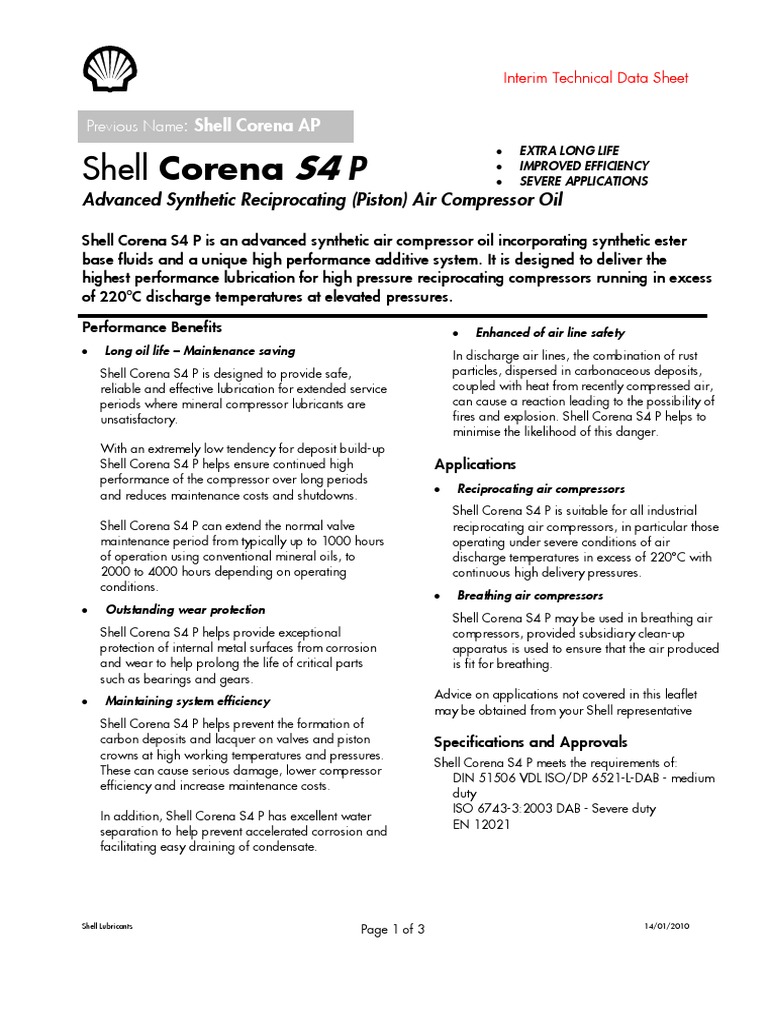 Shell Corena S4 P - TDS | PDF | Gas Compressor | Lubricant