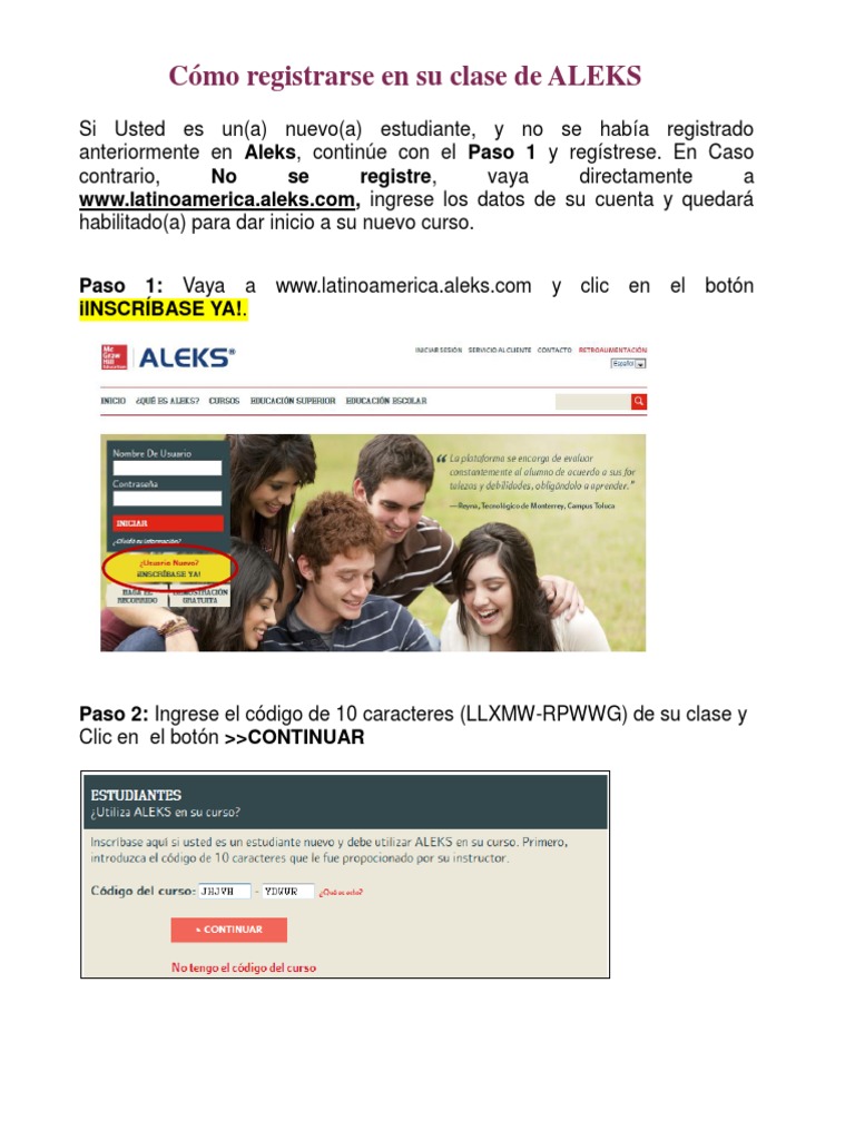 Plataforma ALEKS Instructivo Registro Estudiante | PDF