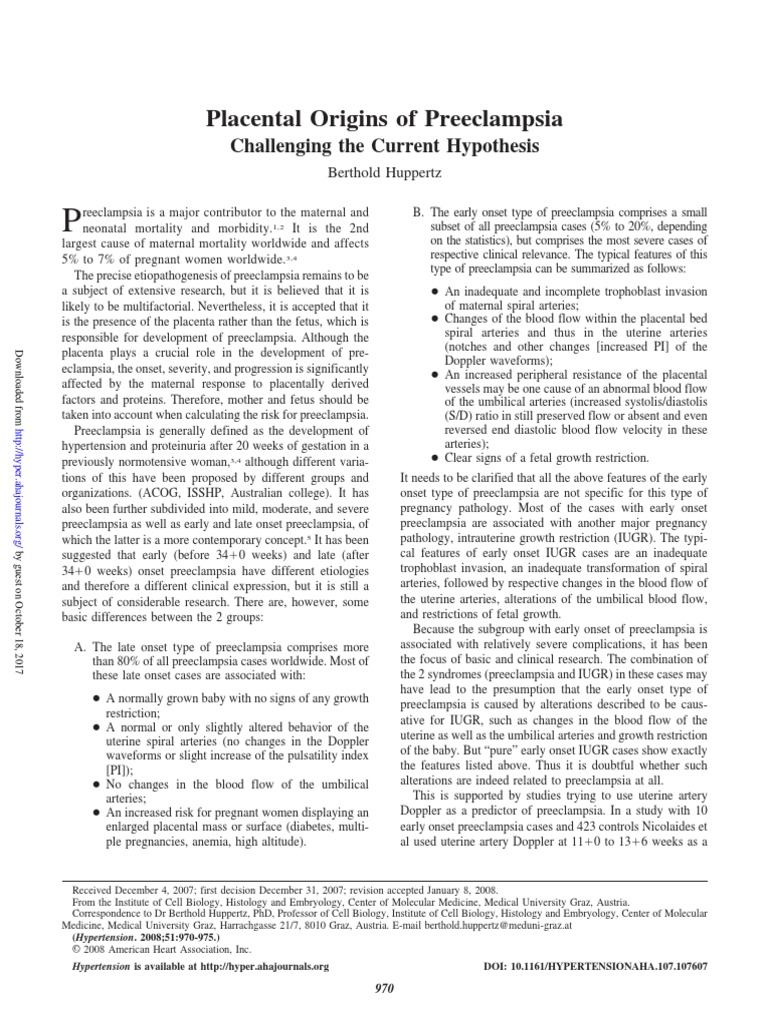 Placental Origins of Preeclampsia: Challenging The Current Hypothesis ...