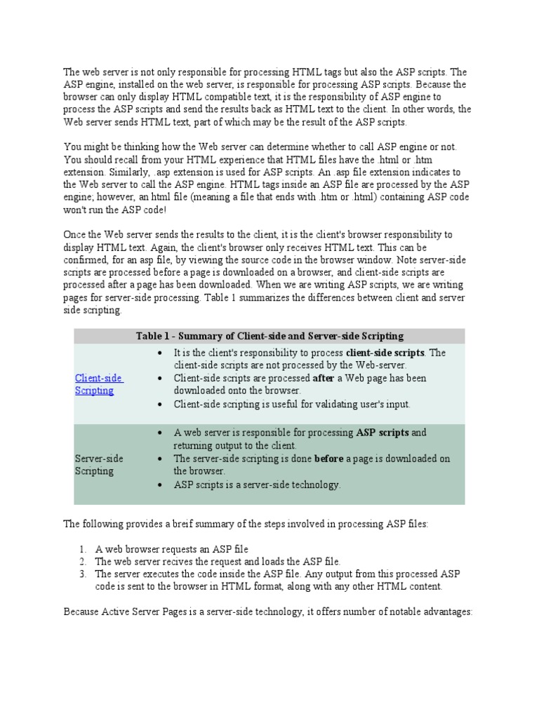 The Role of the Web Server and ASP Engine in Processing ASP Scripts and Returning HTML to the ...
