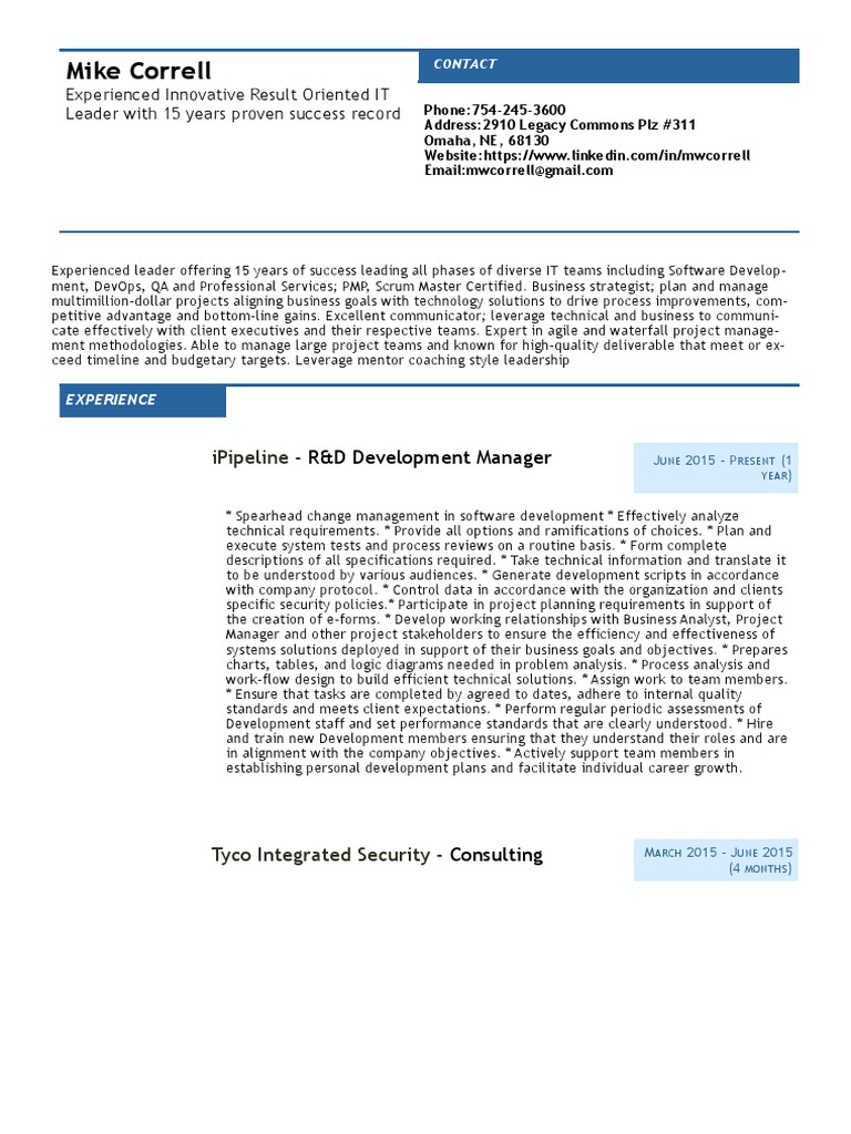 Mike Correll, Pmp's Resume10!18!17 | PDF | Leadership | Goal