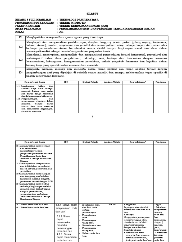 Silabus TKR Sasis Oto Kelas Xii | PDF