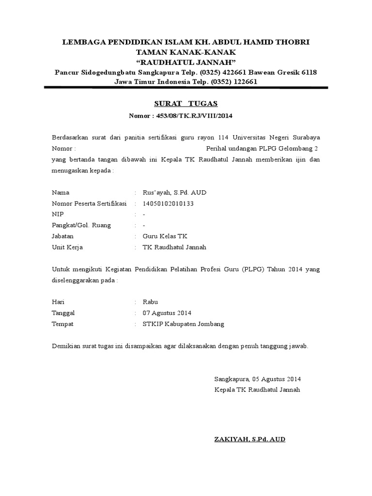 Surat Tugas TK Raudhatul Jannah | PDF
