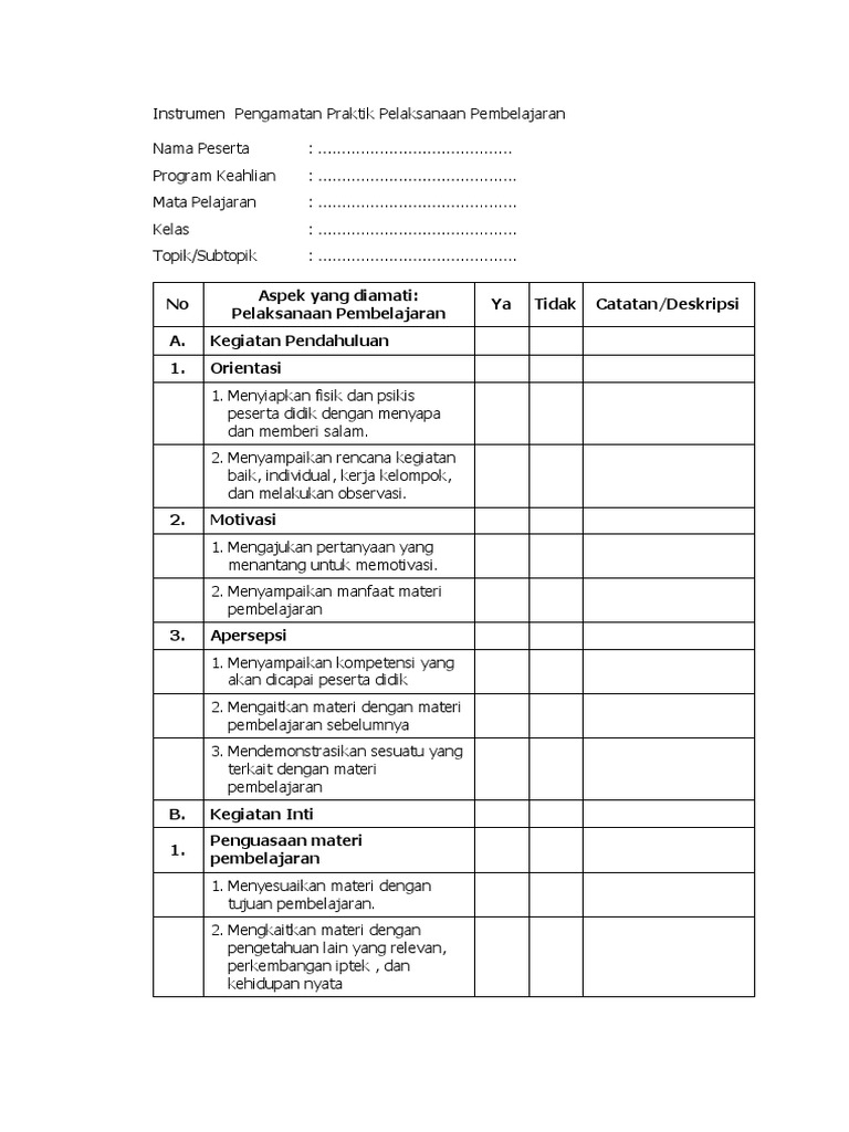 Format Pengamatan Praktik Pelaksanaan Pembelajaran | PDF | Karier & Perkembangan | Seni