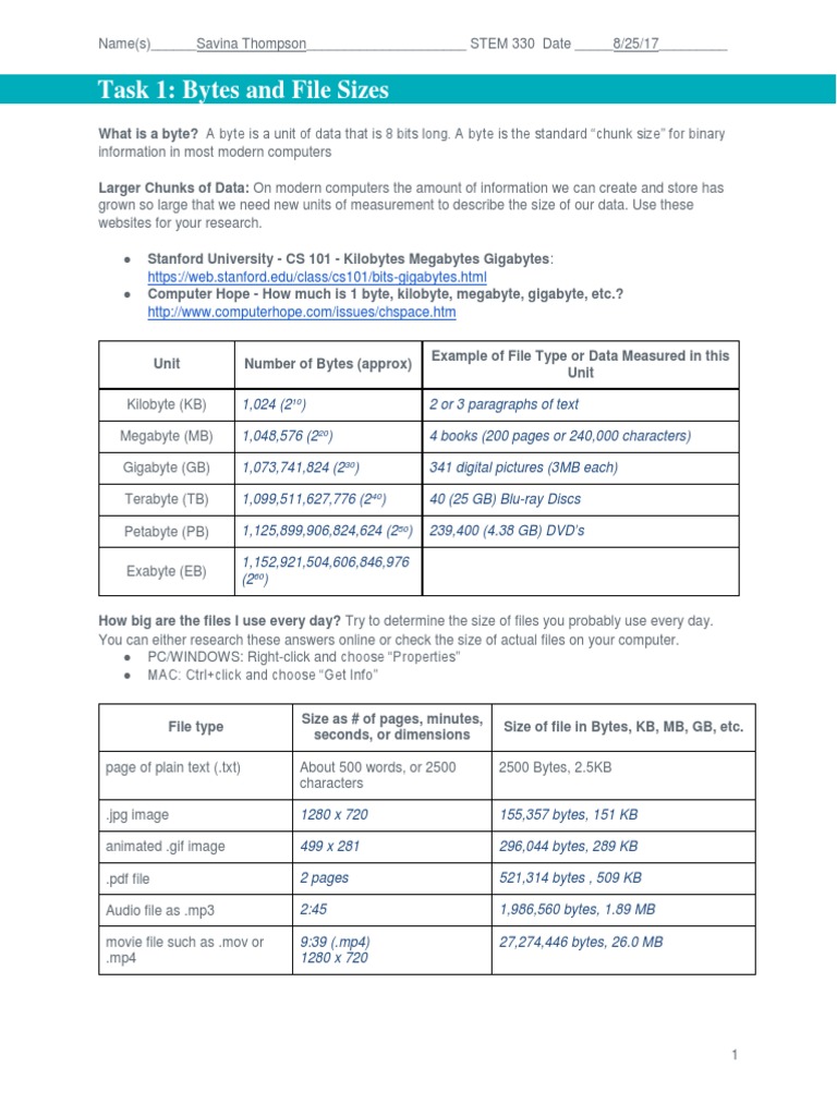 Task 1 Bytes And File Sizes PDF Computer File Digital Technology