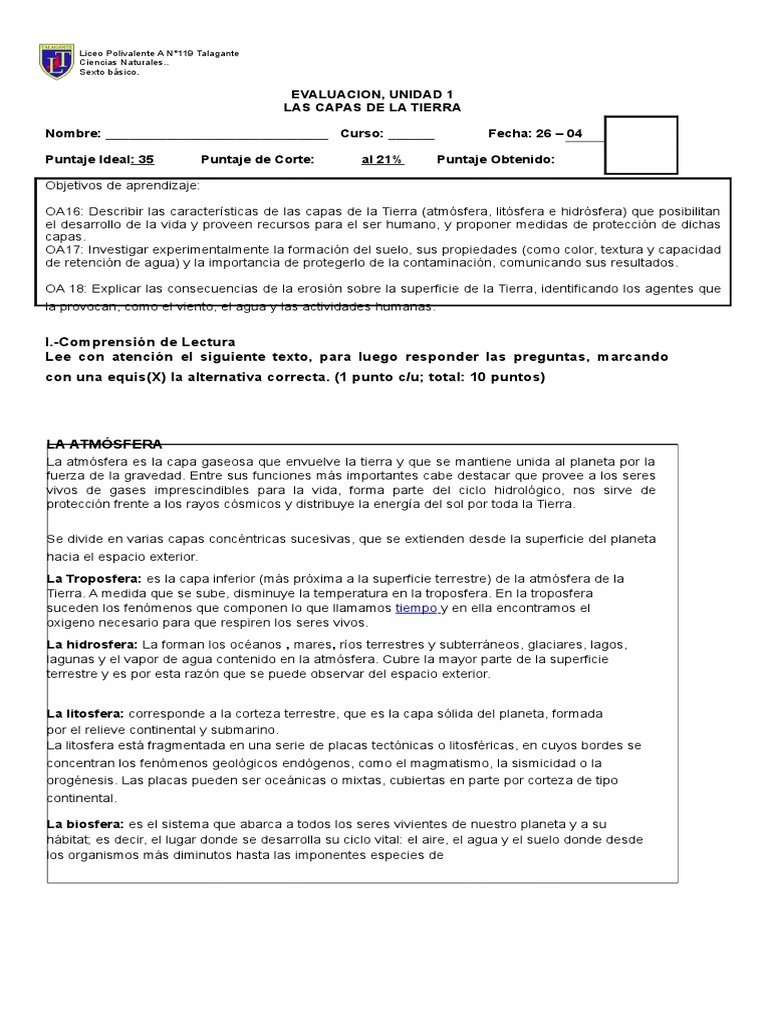 Prueba Capas Tierra 6 Basicos | PDF | Tierra | Suelo
