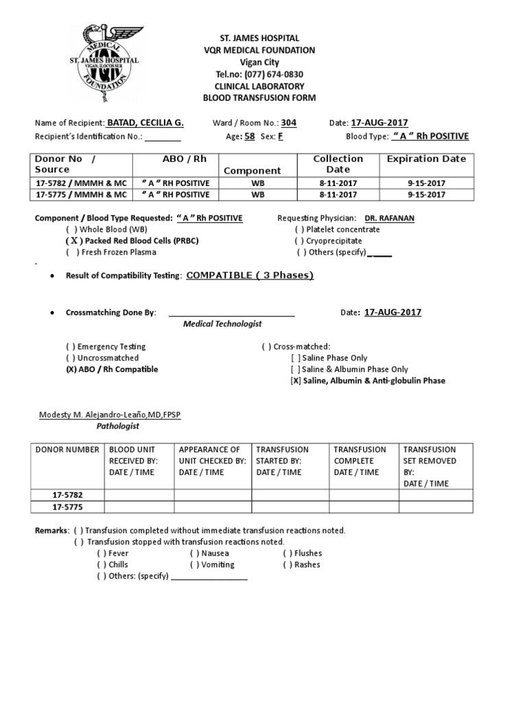 Blood Transfusion Form | Blood Transfusion | Blood Type