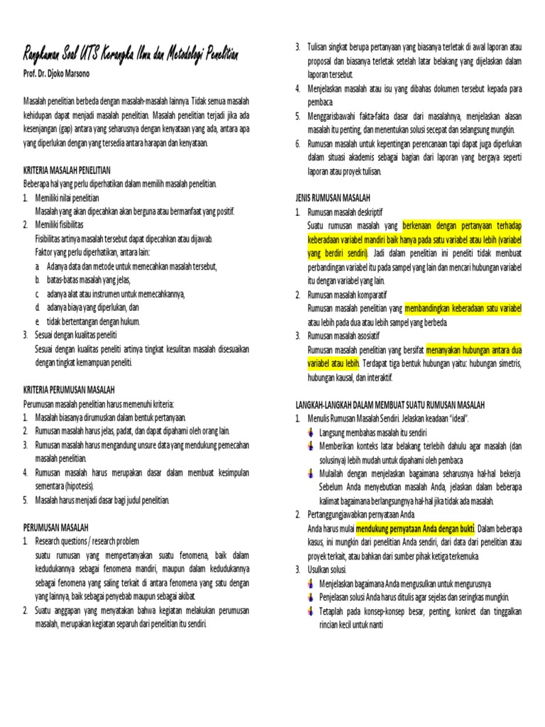 Rangkuman Soal UTS Kerangka Ilmu Dan Metodologi Penelitian | PDF | Karier & Perkembangan | Sains ...