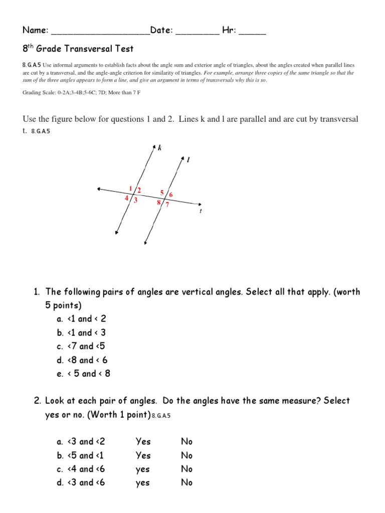 Transversal Test 6 | PDF | Angle | Triangle