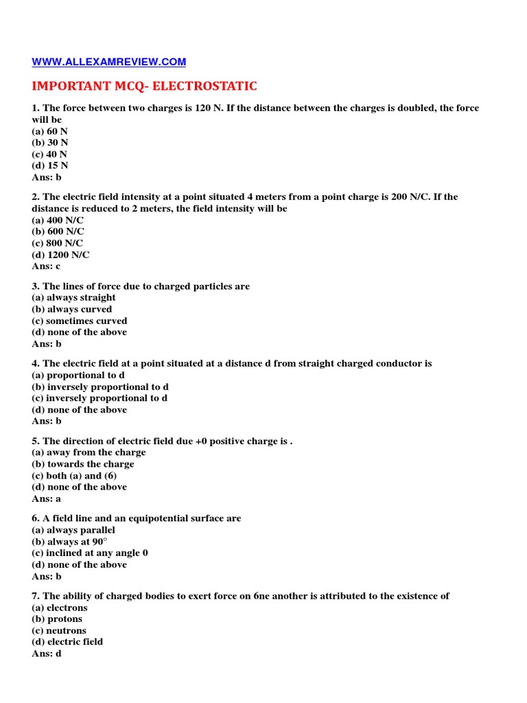 Electrostatic MCQ Practice Questions | PDF | Capacitor | Dielectric