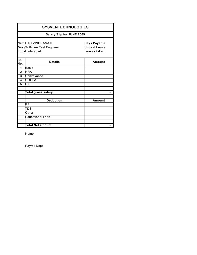 June 2009 Salary Slip for Software Engineer | PDF