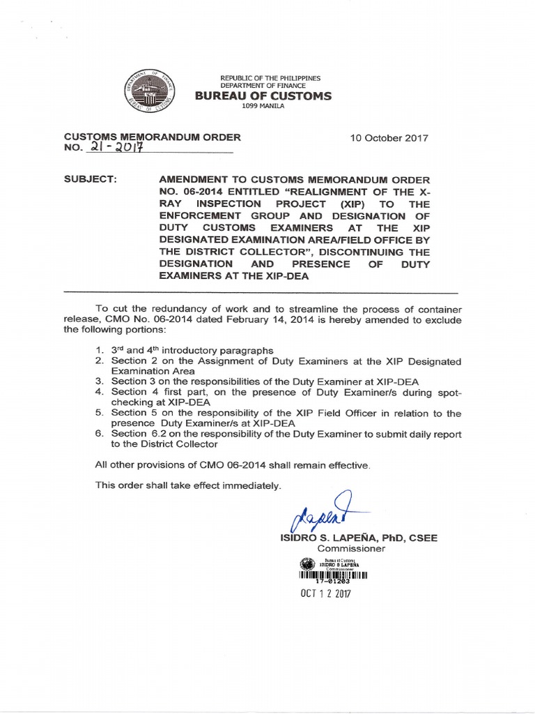 Bureau of Customs CMO 21 2017 Amendment To Customs Memorandum Order No ...