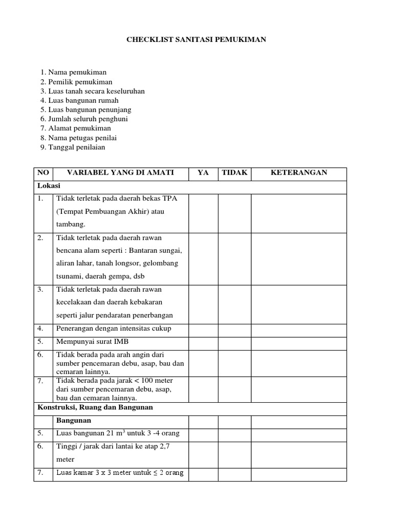 Checklist Sanitasi Pemukiman | PDF | Sains & Matematika