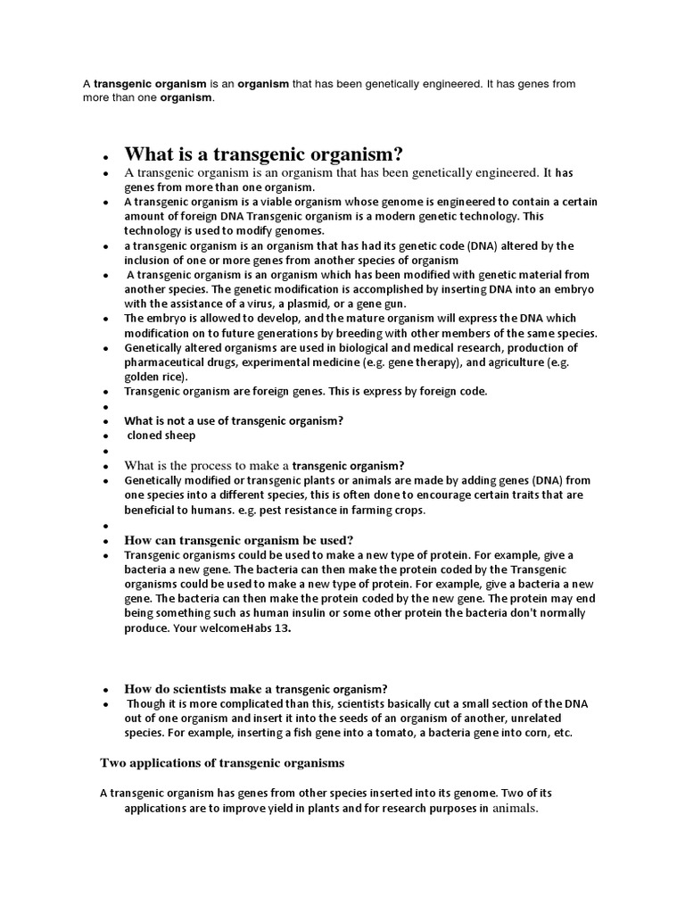 Understanding Transgenic Organisms | PDF | Transgene | Genetically ...