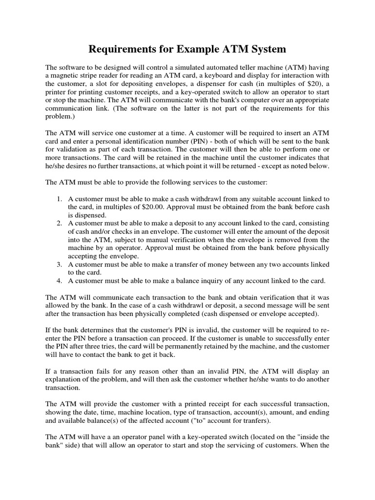 Requirements For Example ATM System | PDF | Automated Teller Machine | Personal Identification ...