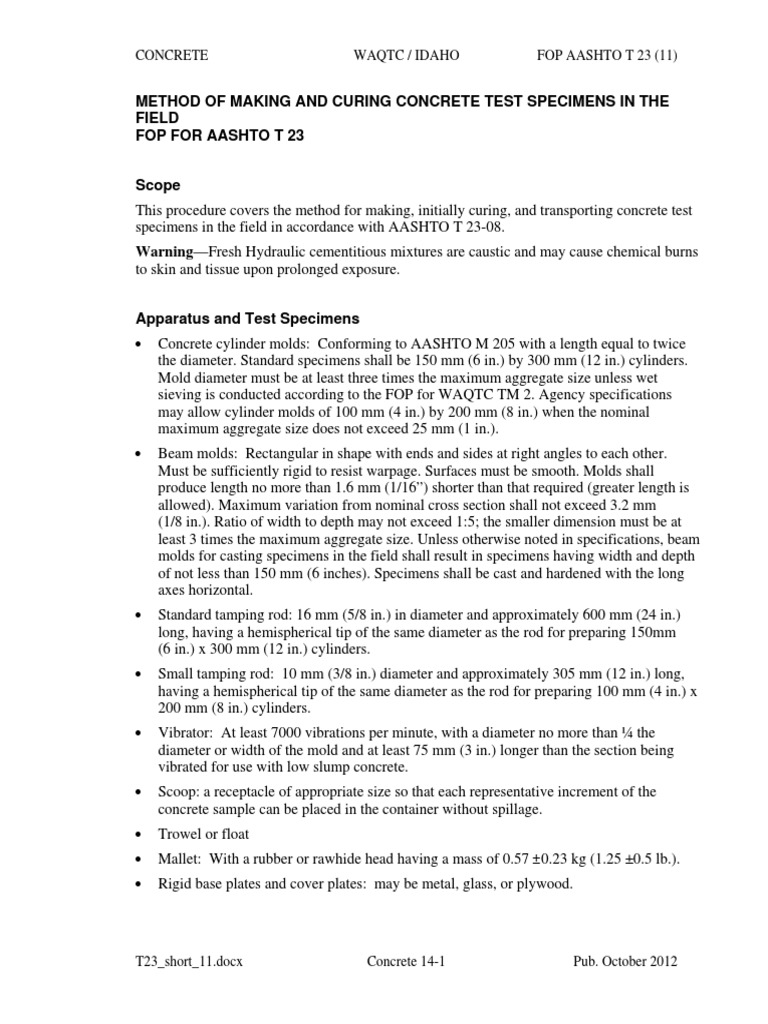 Method of Making and Curing Concrete Test Specimens in The Field Fop ...