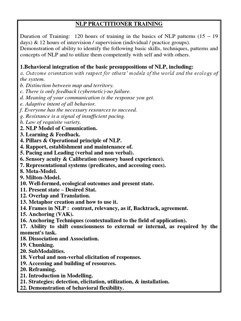 Curriculum NLP Practitioner - Master | PDF | Neuro Linguistic ...