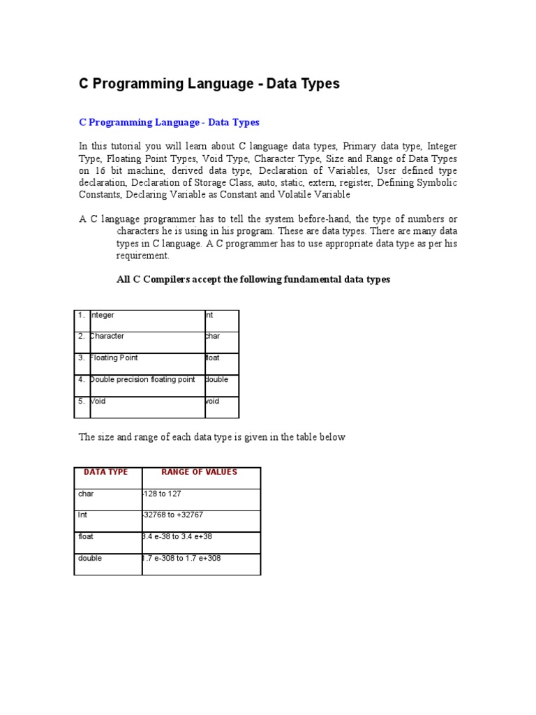 Data Types in C Language | Download Free PDF | Data Type | Integer ...