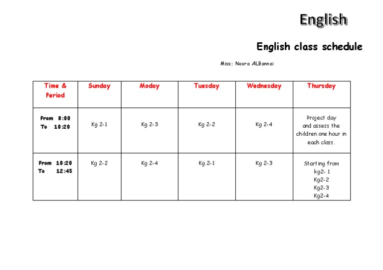 English Class Schedule Overview | PDF