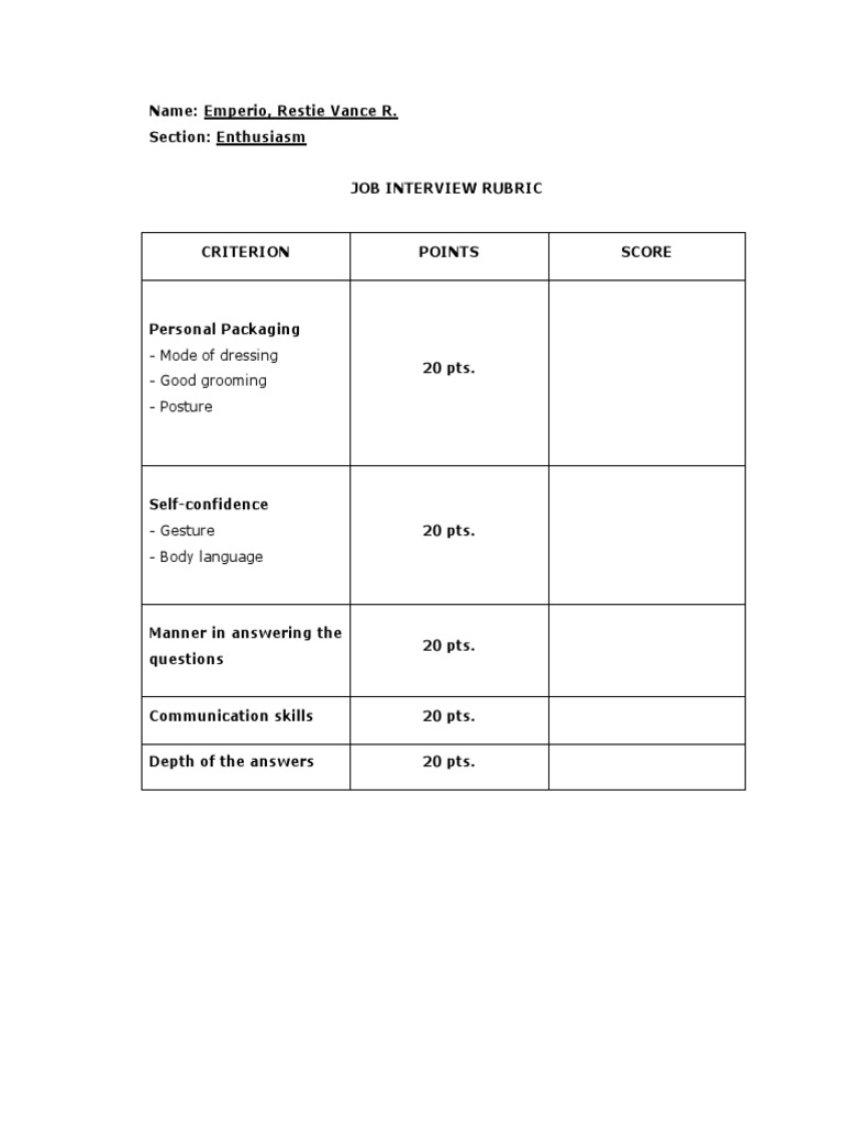Job Interview Rubric | PDF