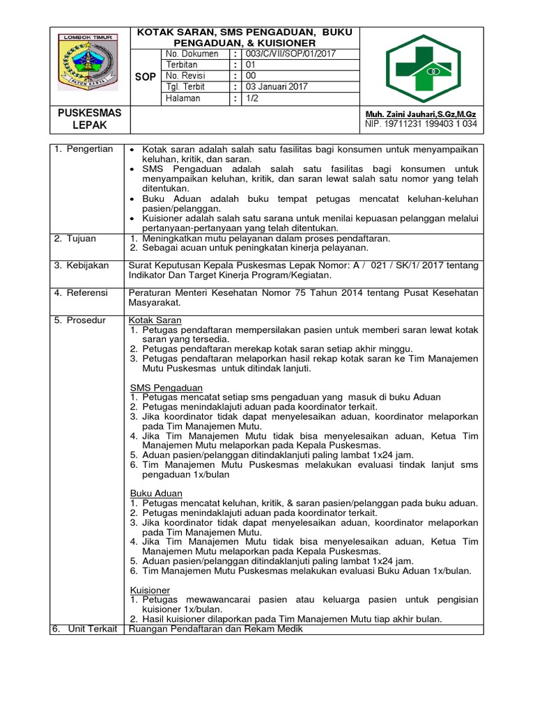 7.1.1.5 Sop Kotak Saran, Sms Pengaduan, Buku Aduan | PDF | Karier & Perkembangan | Pengelolaan ...