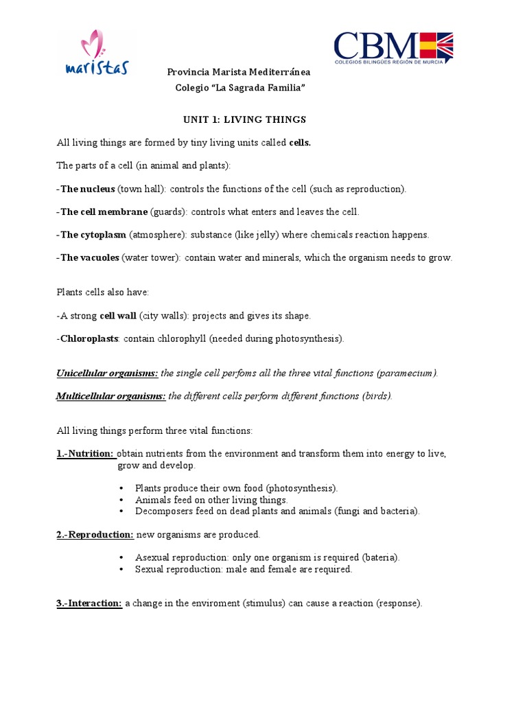 Unit 1 - Living Things | PDF | Cell (Biology) | Plants