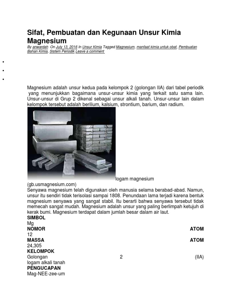 Sifat, Pembuatan Dan Kegunaan Unsur Kimia Magnesium: Facebook Tweet ...