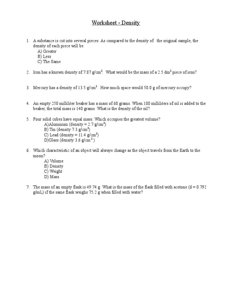 Density Worksheet - Calculate Mass, Volume, Density | PDF