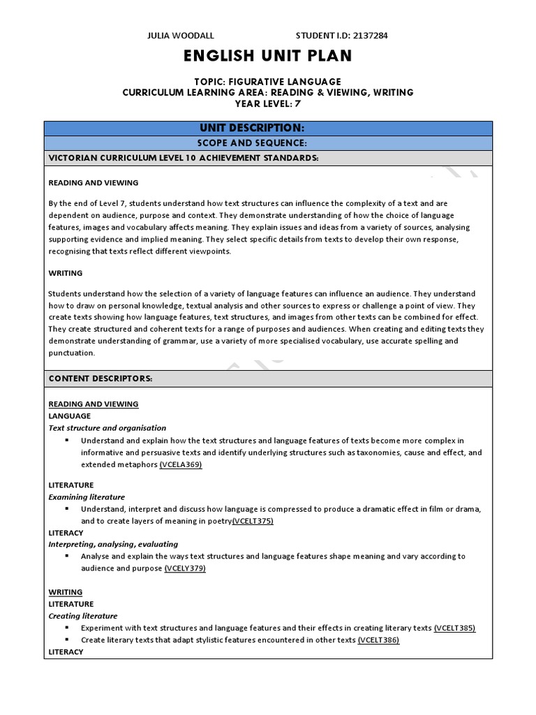 Year 7 Figurative Language Unit Plan | PDF | Poetry | Educational ...