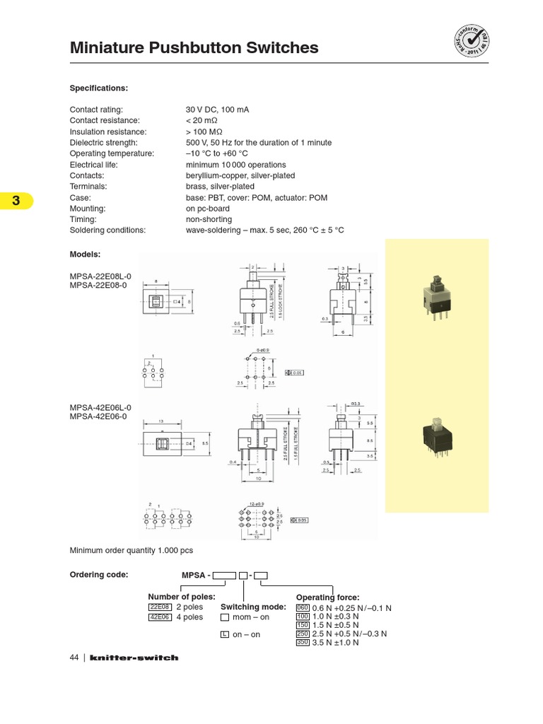 Miniature Pushbutton Switches: Specifications | PDF