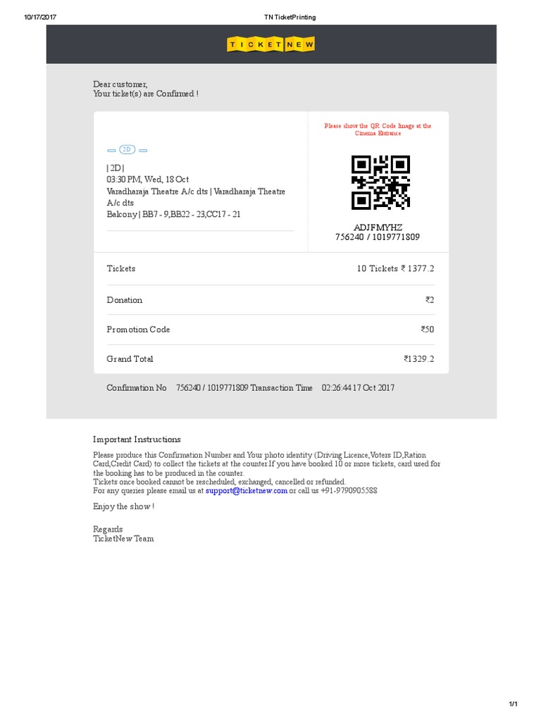 Movie Ticket Confirmation Notice | PDF