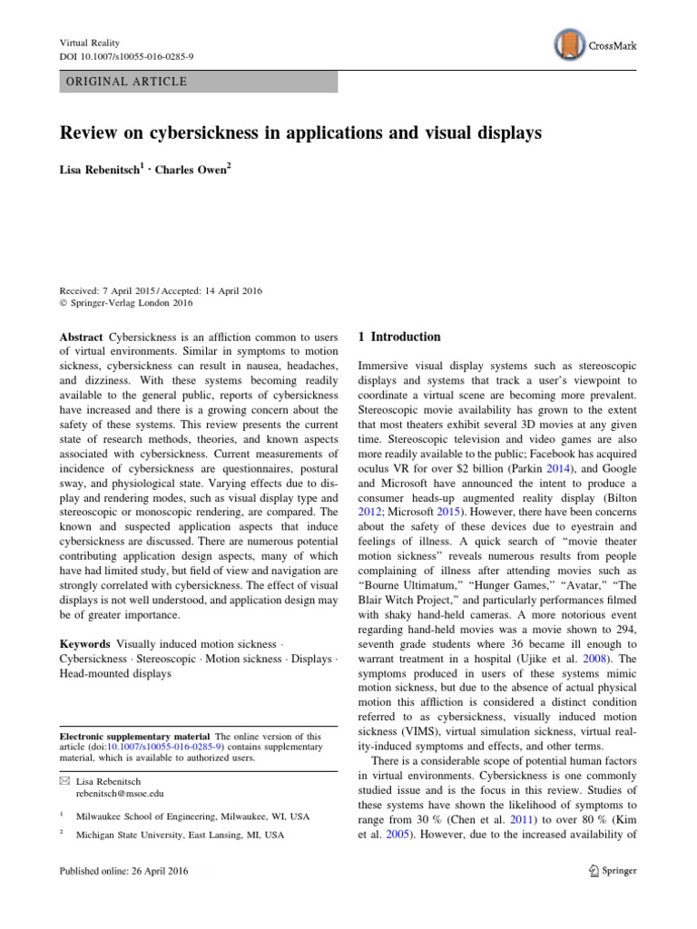 Cybersickness in Virtual Displays | PDF | Virtual Reality | Perception
