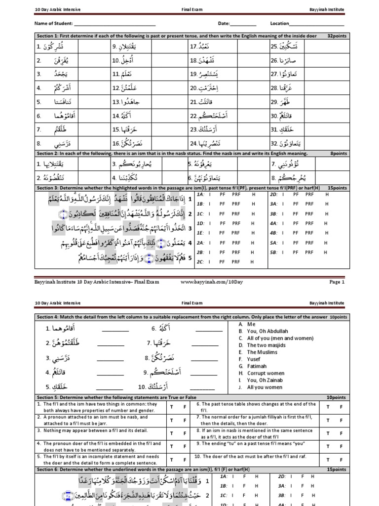 10-Day Arabic Intensive - Final Exam | Grammar | Morphology