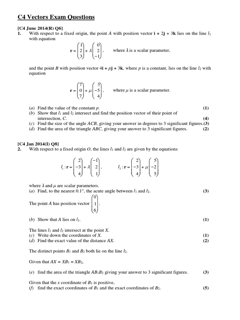 C4 Vectors Exam Questions | PDF | Line (Geometry) | Euclidean Vector