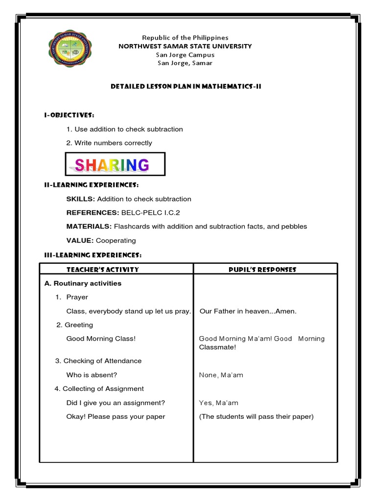 Grade 1 Subtraction Lesson Plan | PDF | Subtraction | Arithmetic
