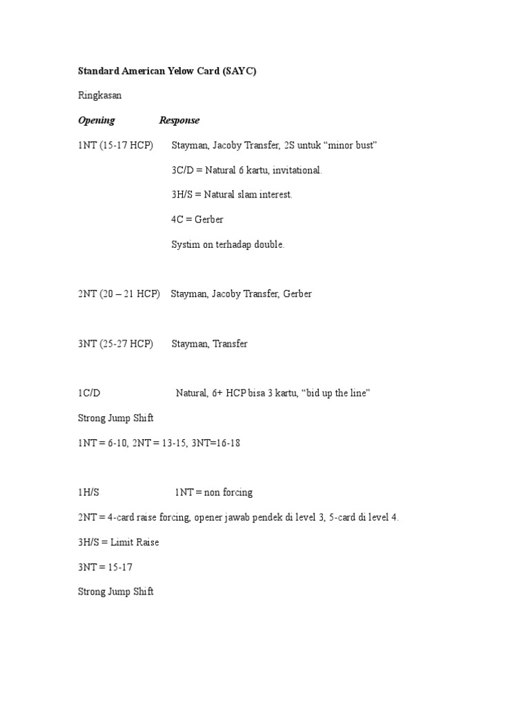 SAYC Standard American Yelow Card | PDF