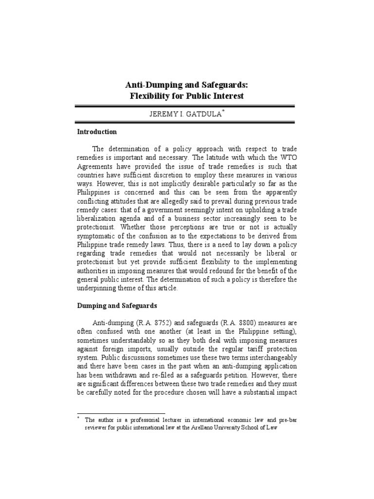 Anti-Dumping and Safeguards: Flexibility For Public Interest | PDF ...
