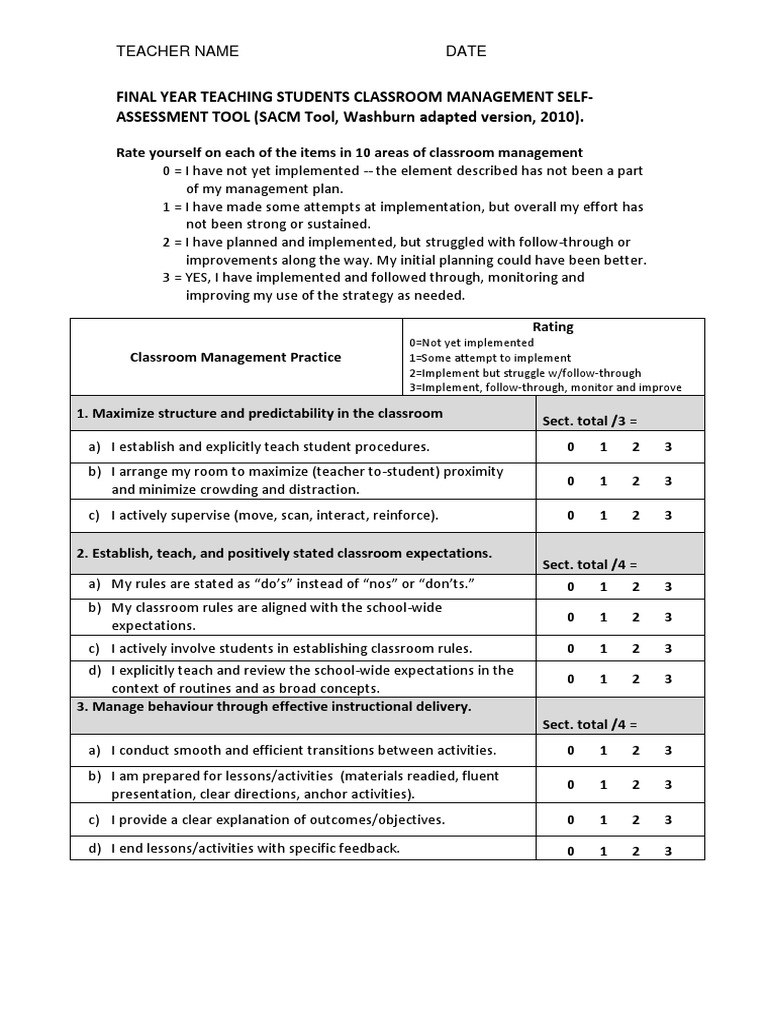 Classroom Management Self-Assessment Tool | PDF | Behaviorism ...