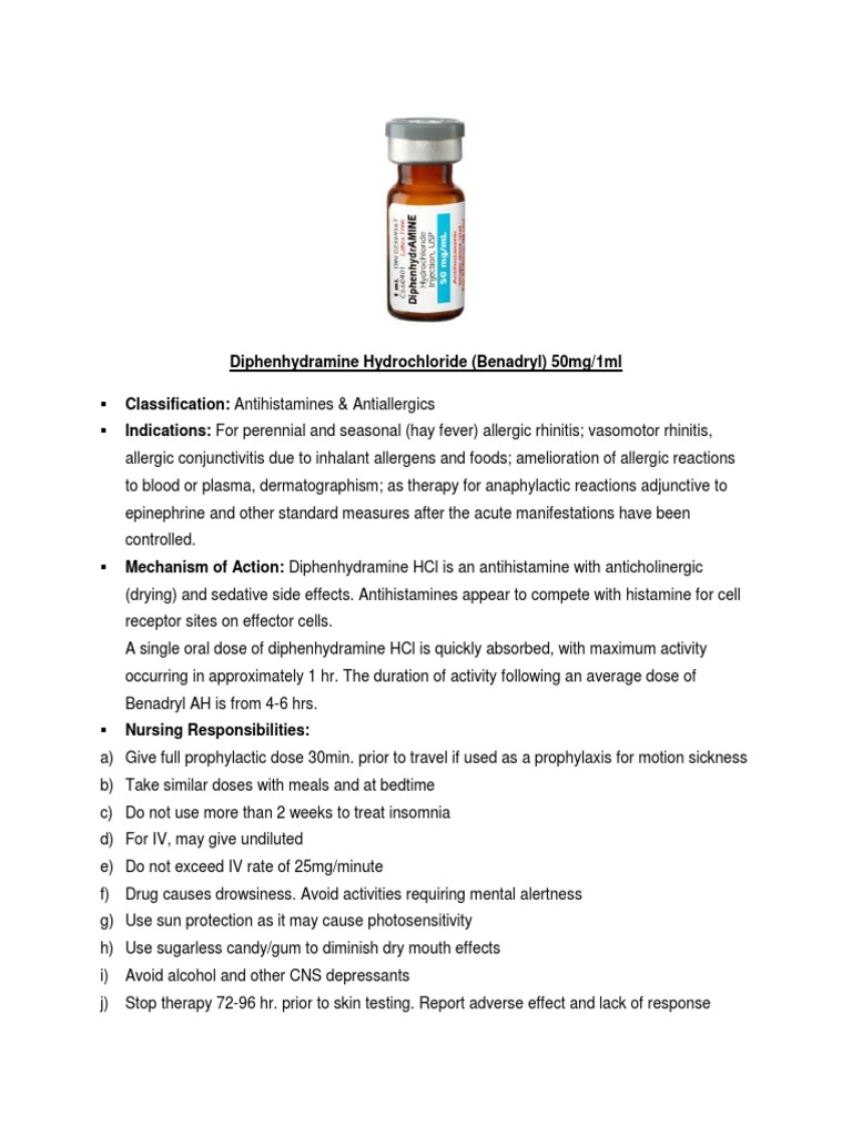 Diphenhydramine Hydrochloride (Benadryl) 50mg/1ml | PDF | Cardiac ...