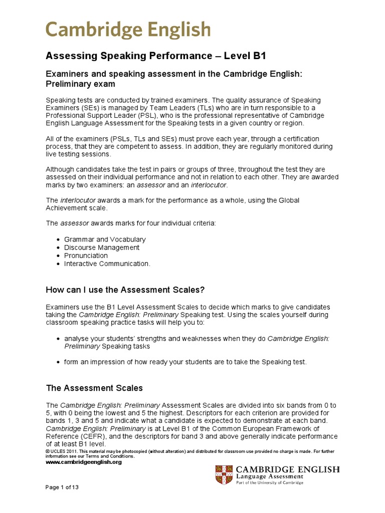 Assessing Speaking Performance at Level b1 PDF | PDF | English Language ...