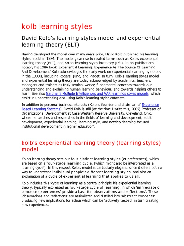 Kolb Learning Styles | PDF | Learning Styles | Learning